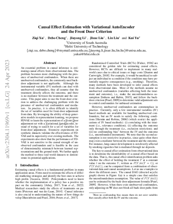 (PDF) Causal Effect Estimation with Variational AutoEncoder and the Front Door Criterion