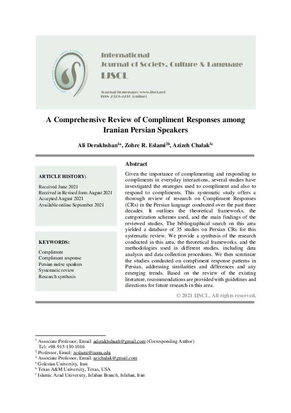(PDF) A Comprehensive Review of Compliment Responses among Iranian Persian Speakers