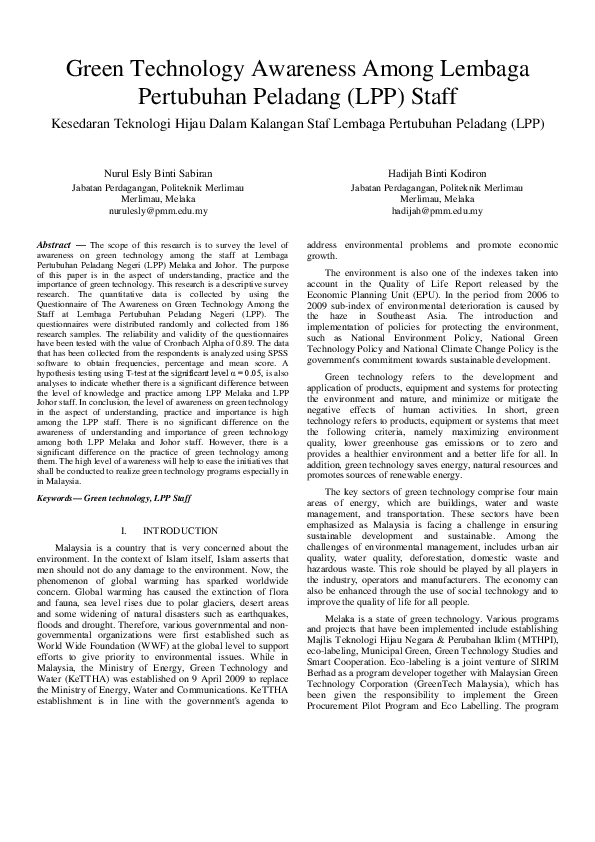 (PDF) Green Technology Awareness Among Lembaga