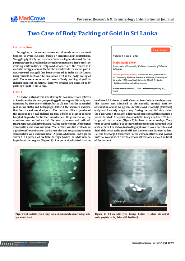 (PDF) Two Case of Body Packing of Gold in Sri Lanka