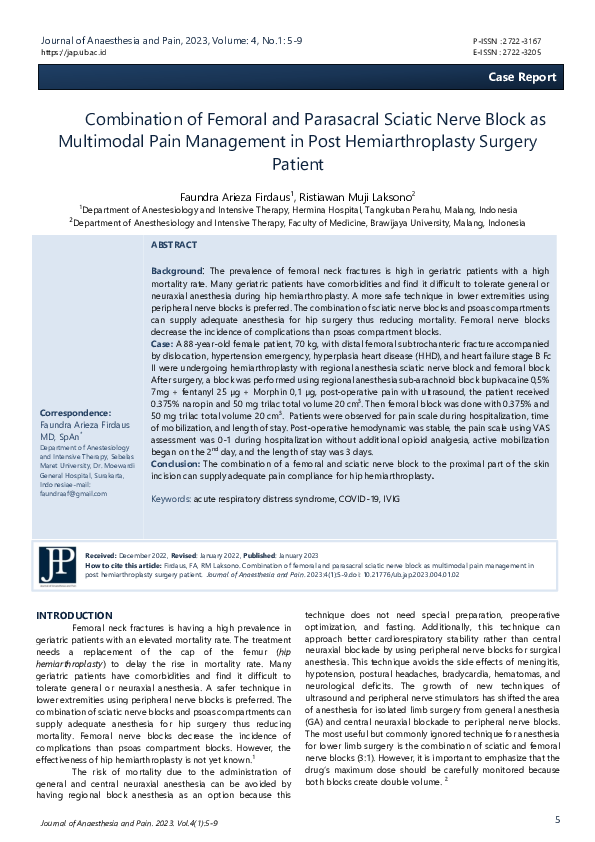 (PDF) Combination of Femoral and Parasacral Sciatic Nerve Block as ...