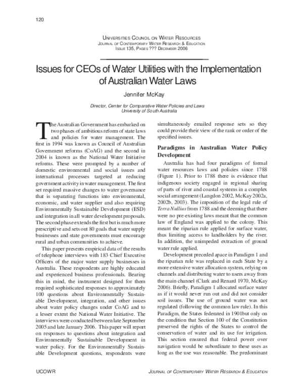 (PDF) Issues for CEOs of Water Utilities with the Implementation of ...