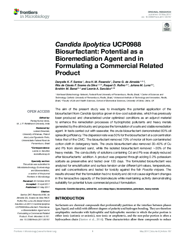 (PDF) Candida lipolytica UCP0988 Biosurfactant: Potential as a ...