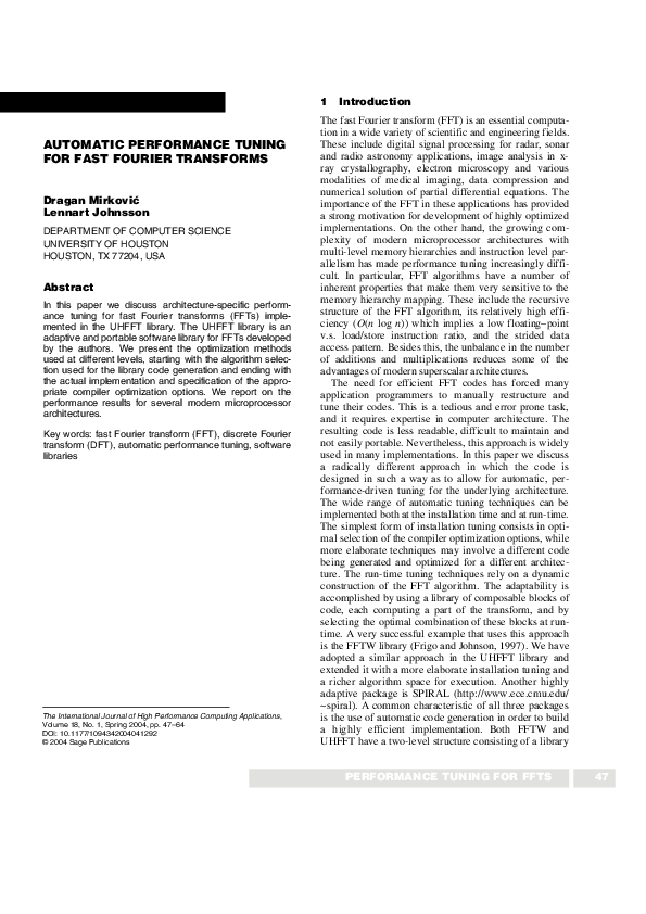 (PDF) Automatic Performance Tuning for Fast Fourier Transforms