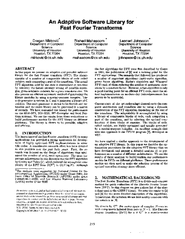 (PDF) An adaptive software library for fast Fourier transforms | Lennart Johnsson - Academia.edu