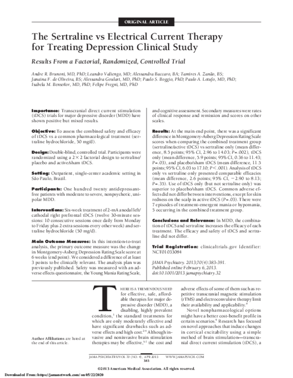 (PDF) The Sertraline vs Electrical Current Therapy for Treating ...