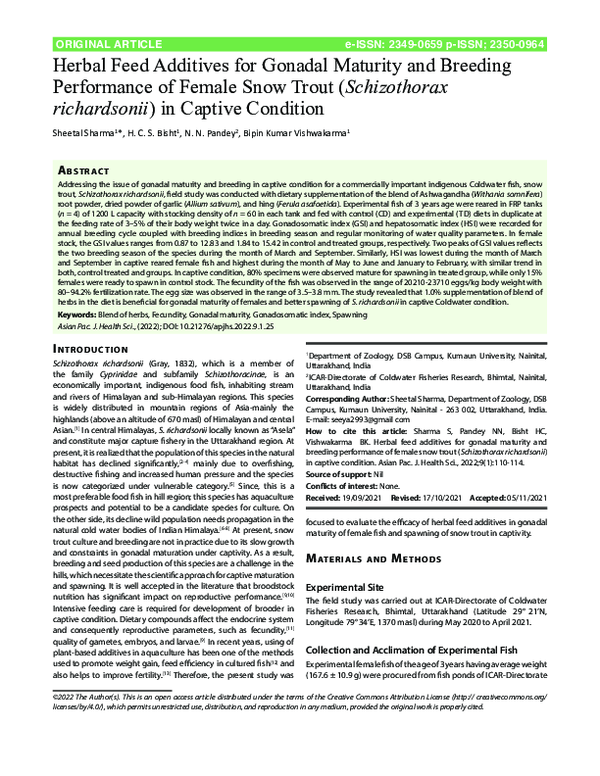 (PDF) Herbal Feed Additives for Gonadal Maturity and Breeding Performance of Female Snow Trout ...