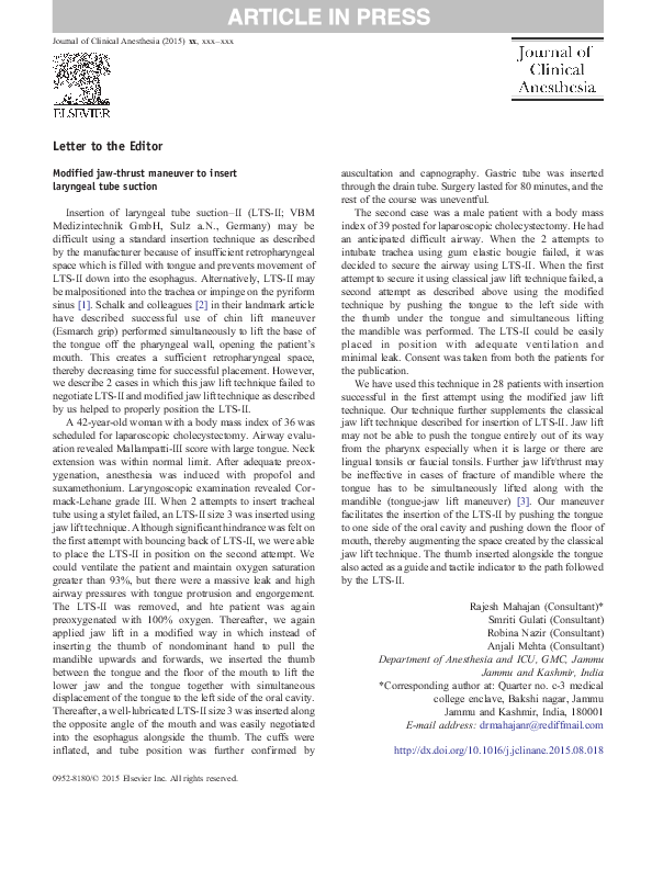 (PDF) Modified jaw-thrust maneuver to insert laryngeal tube suction