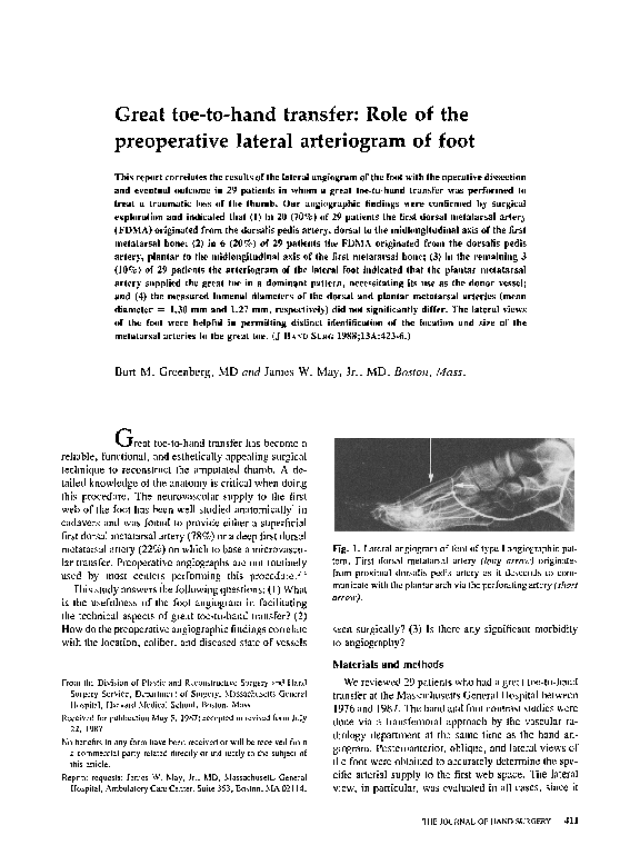 (PDF) Great toe-to-hand transfer: Role of the preoperative lateral ...