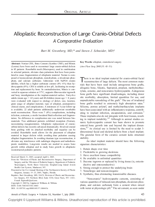 (PDF) Alloplastic Reconstruction of Large Cranio-Orbital Defects