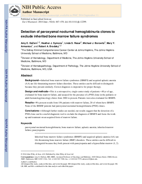 (PDF) Detection of paroxysmal nocturnal hemoglobinuria clones to ...