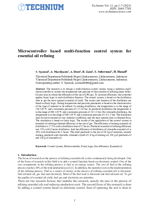 (PDF) Microcontroller based multi-function control system for essential oil refining