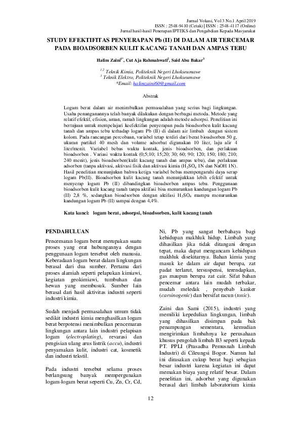 (PDF) STUDY EFEKTIFITAS PENYERAPAN Pb (II) DI DALAM AIR TERCEMAR PADA ...