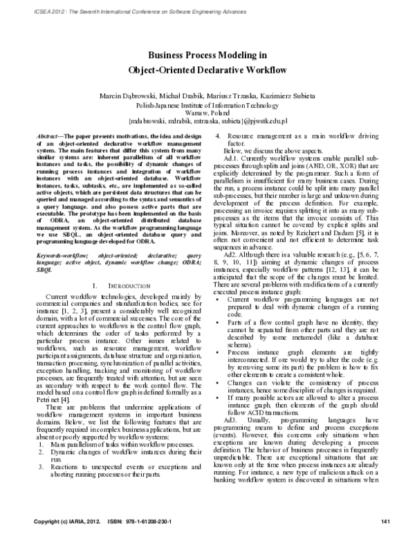 Pdf Business Process Modeling In Object Oriented Declarative Workflow Kazimierz Subieta 