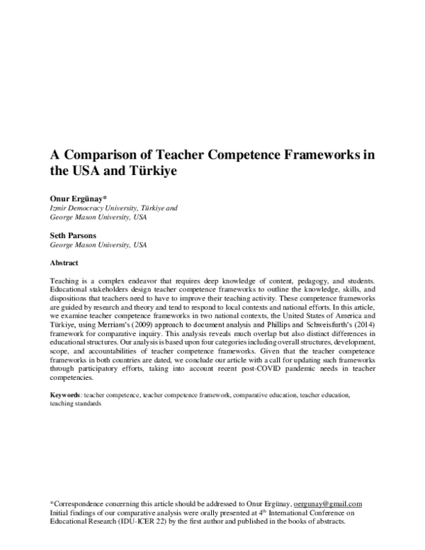 (PDF) A Comparison of Teacher Competence Frameworks in the USA and Türkiye