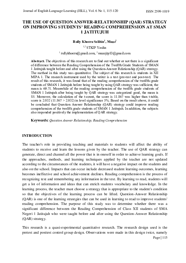 (PDF) The Use of Question Answer-Relationship (Qar) Strategy on ...