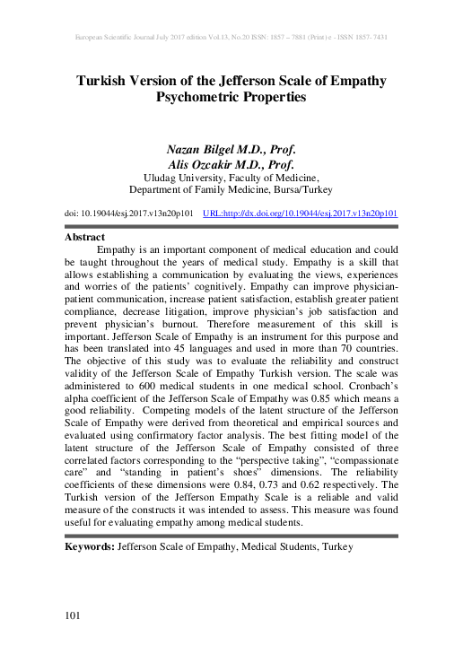 (PDF) Turkish Version of the Jefferson Scale of Empathy Psychometric Properties