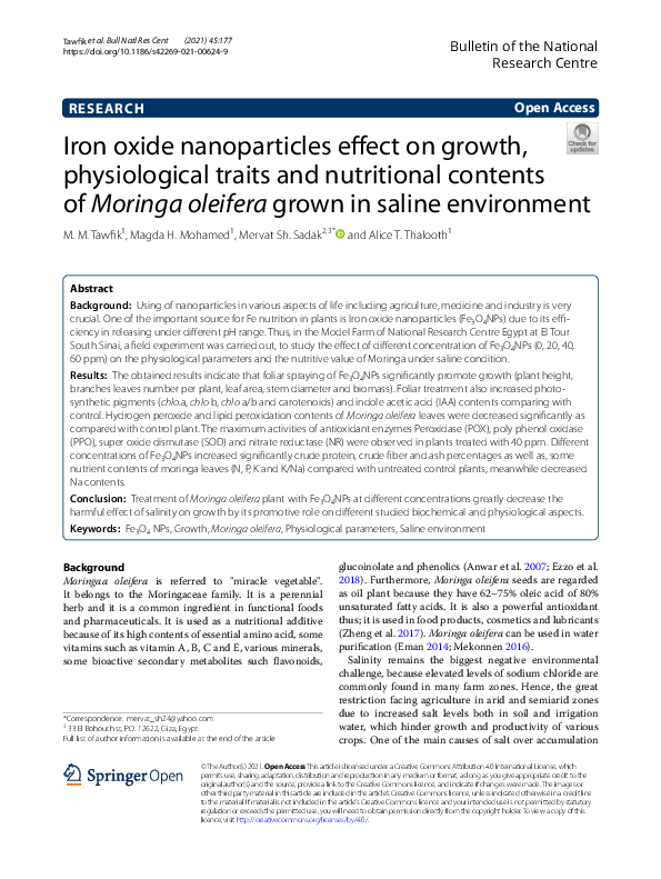 (PDF) Iron oxide nanoparticles effect on growth, physiological traits and nutritional contents ...
