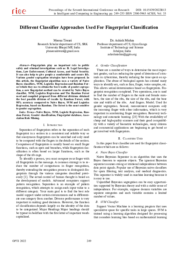 (PDF) Different Classifier Approaches Used For Fingerprint Classification