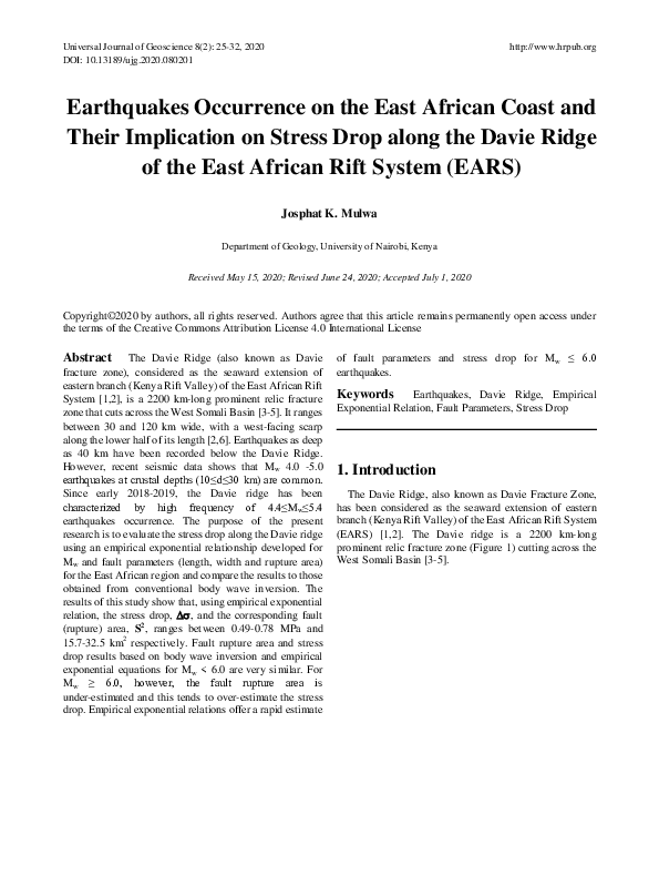 (PDF) Earthquakes Occurrence on the East African Coast and Their Implication on Stress Drop ...
