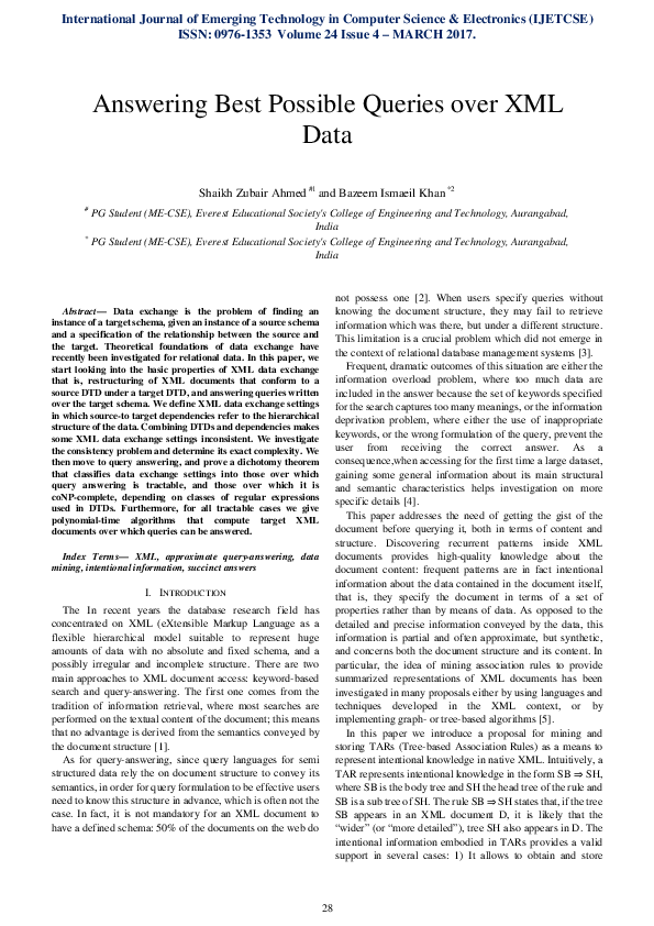 (PDF) Answering Best Possible Queries over XML Data