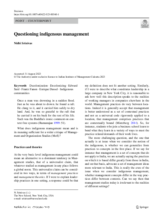 (PDF) Questioning indigenous management