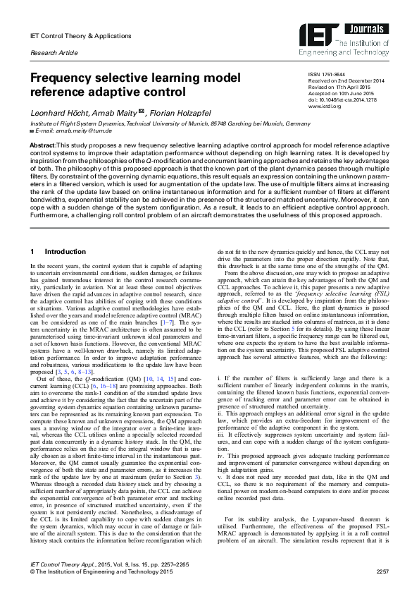 (PDF) Frequency selective learning model reference adaptive control | Leonhard Höcht - Academia.edu