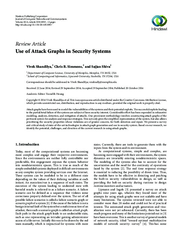 (PDF) Use of Attack Graphs in Security Systems