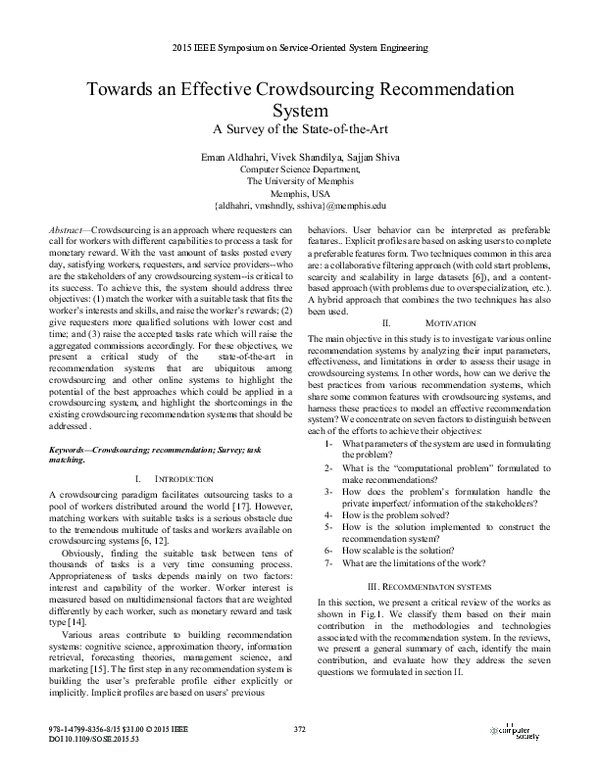 (PDF) Towards an Effective Crowdsourcing Recommendation System: A Survey of the State-of-the-Art ...
