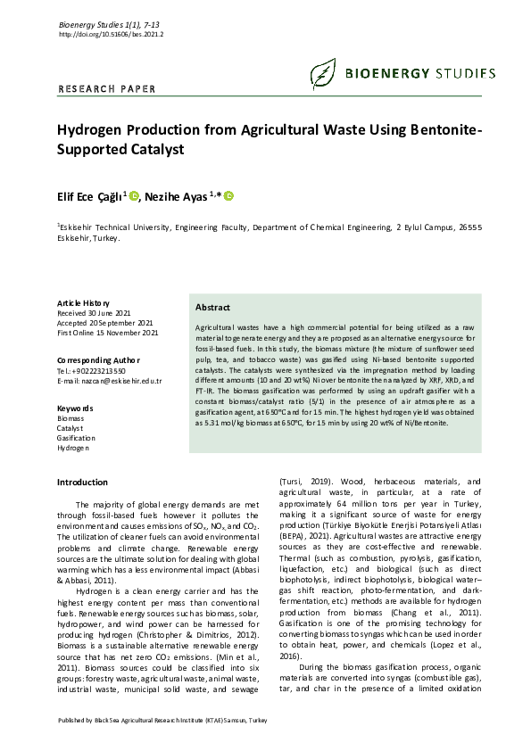 (PDF) Hydrogen Production from Agricultural Waste Using Bentonite ...
