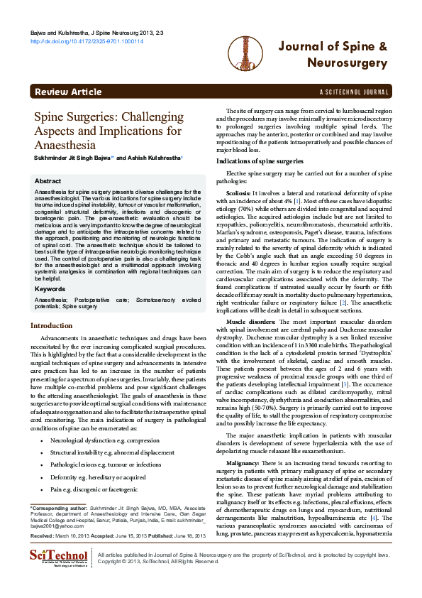 Pdf Spine Surgeries Challenging Aspects And Implications For Anaesthesia