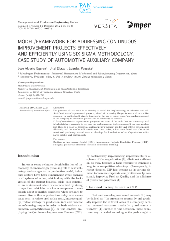 (PDF) Model/Framework for Addressing Continuous Improvement Projects Effectively and Efficiently ...