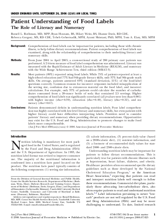(PDF) Patient Understanding of Food Labels