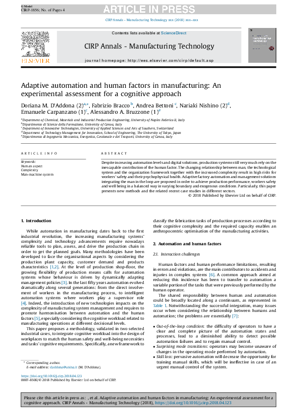(PDF) Adaptive automation and human factors in manufacturing: An experimental assessment for a ...