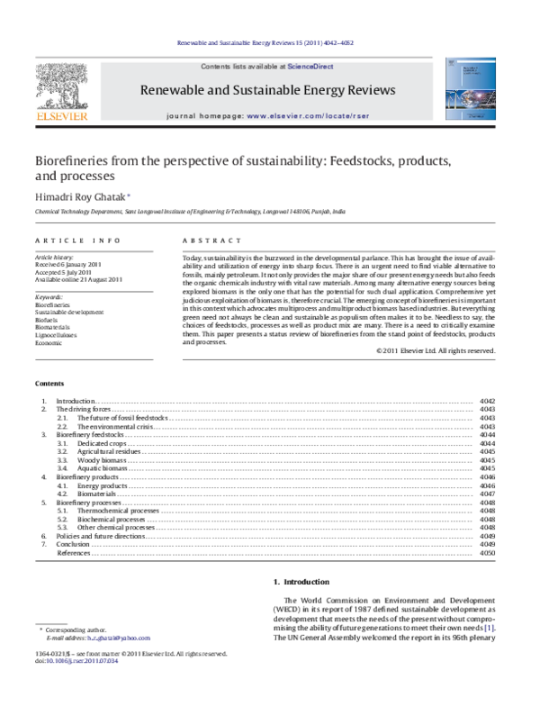 (PDF) Biorefineries from the perspective of sustainability: Feedstocks, products, and processes