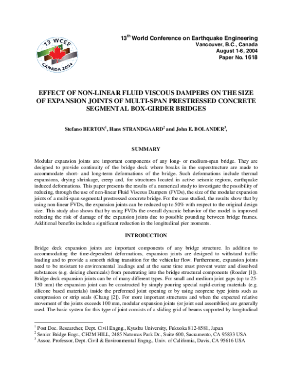 Pdf Effect Of Non Linear Fluid Viscous Dampers On The Size Of Expansion Joints Of Multi Span