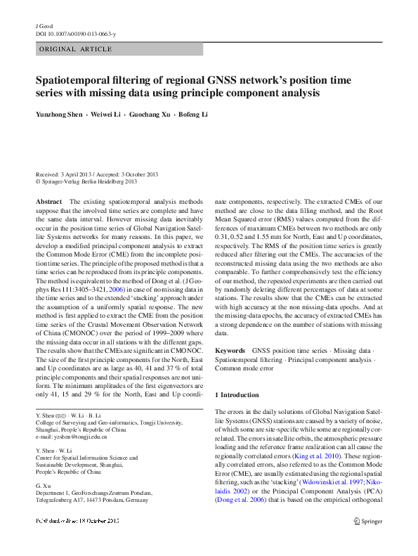 Pdf Spatiotemporal Filtering Of Regional Gnss Networks Position Time Series With Missing Data