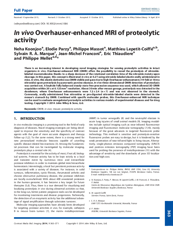 (PDF) In vivo Overhauser‐enhanced MRI of proteolytic activity