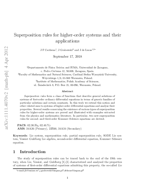 (PDF) Superposition rules for higher order systems and their applications