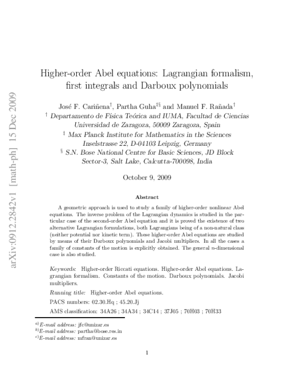 (PDF) Higher-order Abel equations: Lagrangian formalism, first ...
