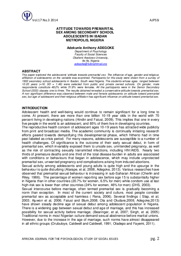 Pdf Attitude Towards Premarital Sex Among Secondary School