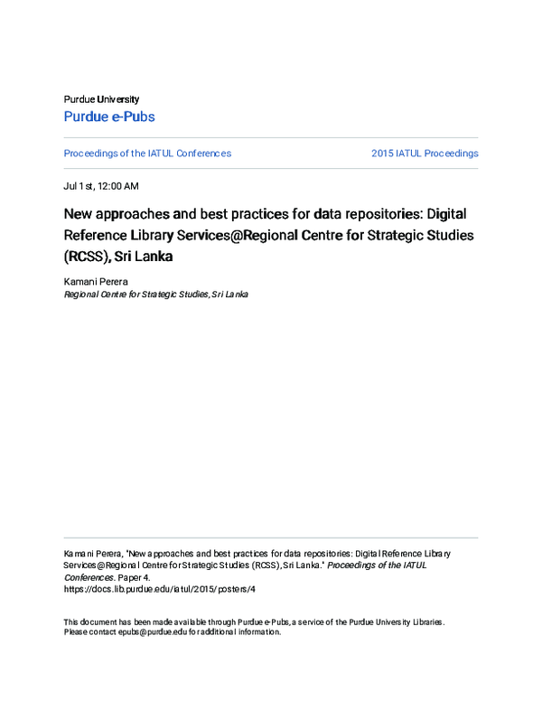 (PDF) New approaches and best practices for data repositories: Digital Reference Library ...