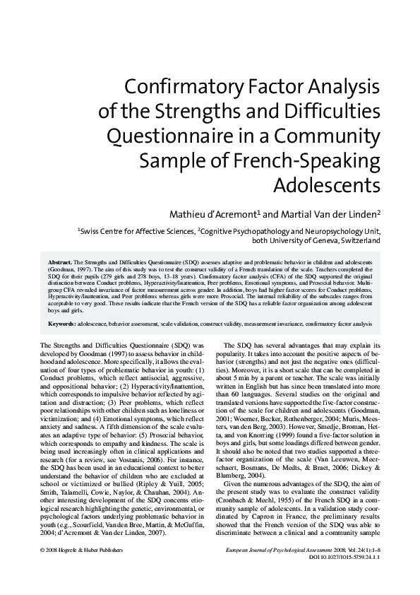(PDF) Confirmatory Factor Analysis of the Strengths and Difficulties Questionnaire in a ...