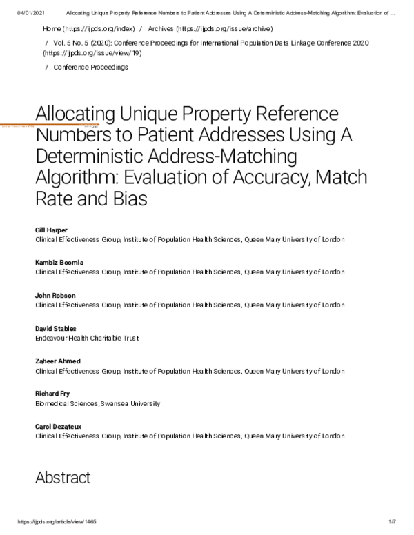 (PDF) Allocating Unique Property Reference Numbers to Patient Addresses Using A Deterministic ...