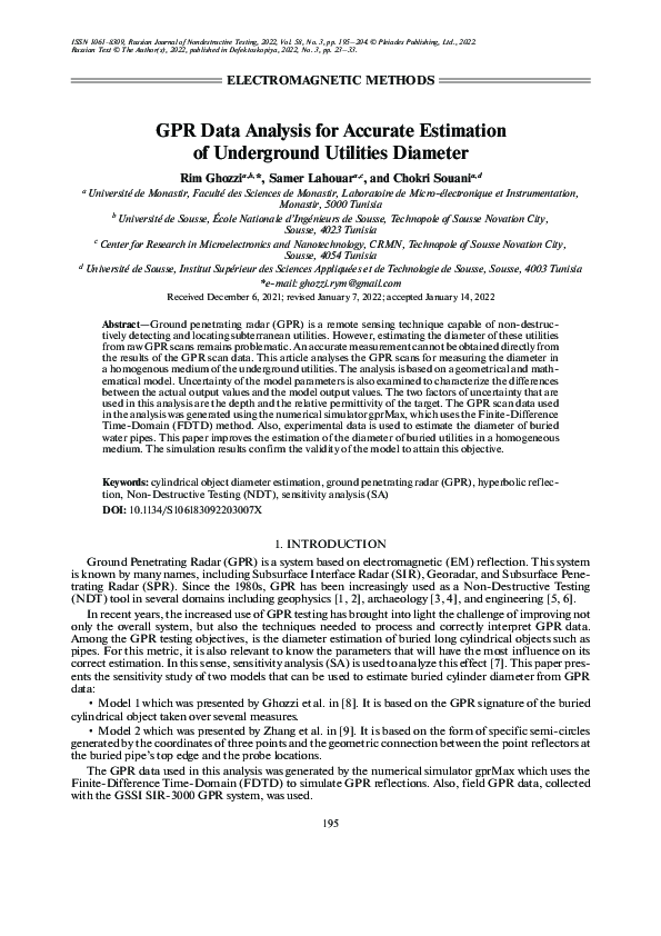 (PDF) GPR Data Analysis for Accurate Estimation of Underground Utilities Diameter