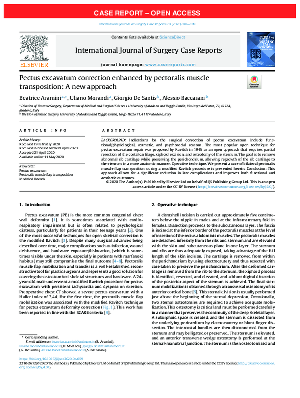Pectus excavatum correction enhanced by pectoralis muscle transposition ...