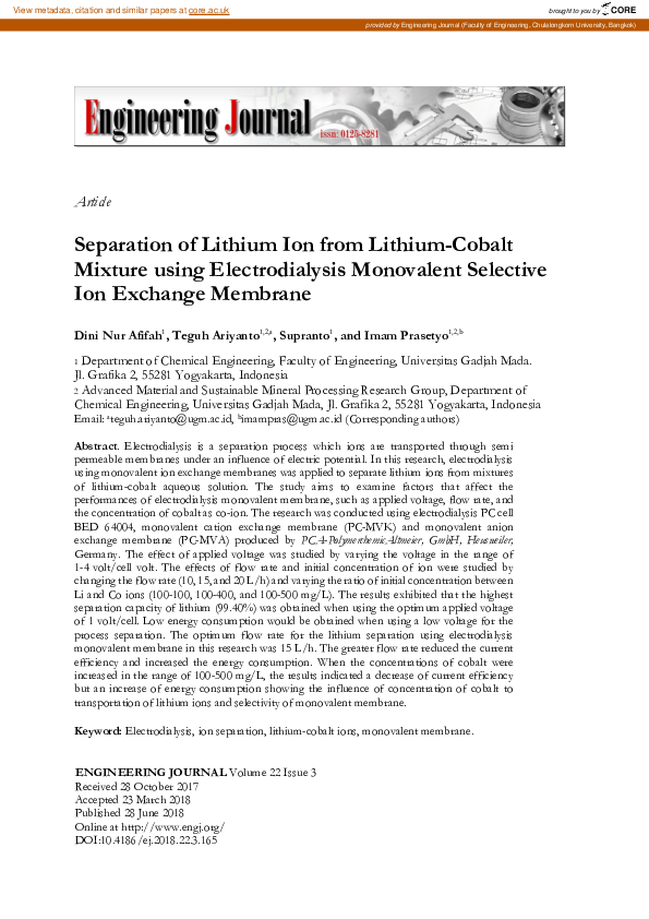 (PDF) Separation of Lithium Ion from Lithium-Cobalt Mixture using ...