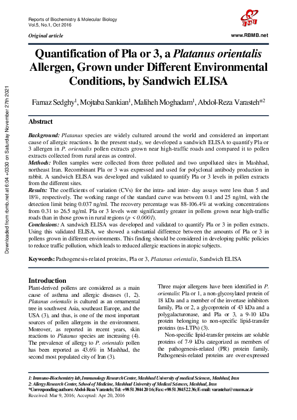 (PDF) Quantification of Pla or 3, a Platanus orientalis Allergen, Grown under Different ...