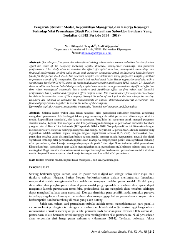 (PDF) Pengaruh Struktur Modal, Kepemilikan Manajerial, dan Kinerja Keuangan Terhadap Nilai ...