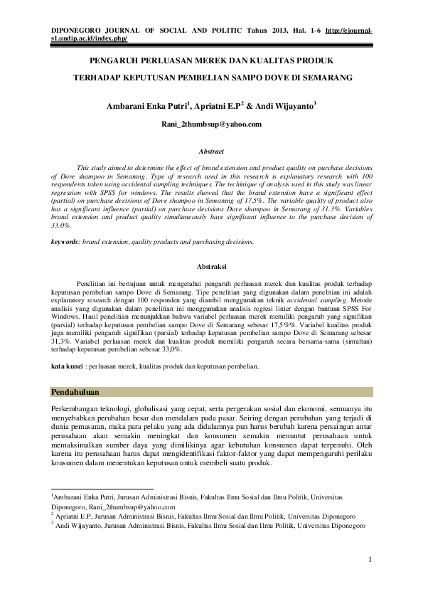 (PDF) Pengaruh Perluasan Merek Dan Kualitas Produk Terhadap Keputusan Pembelian Sampo Dove DI ...